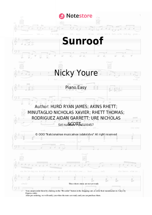 Sunroof – Nicky Youre, Dazy Easy Piano Sheet Music | Note-Store.com ...