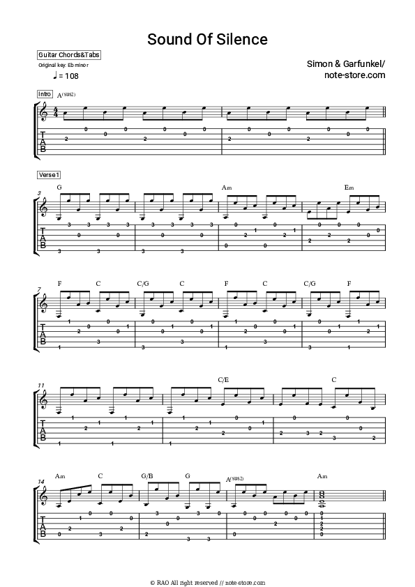 The Sound of Silence - Simon & Garfunkel chords and guitar tabs at Note ...