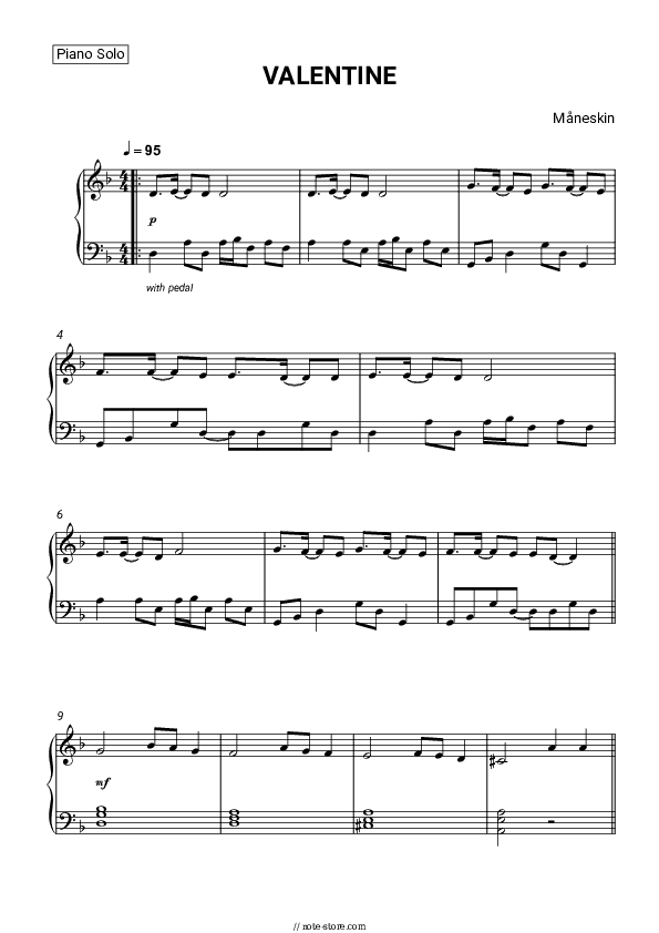 VALENTINE - Måneskin Piano Solo Sheet Music at Note-Store.com | Piano ...