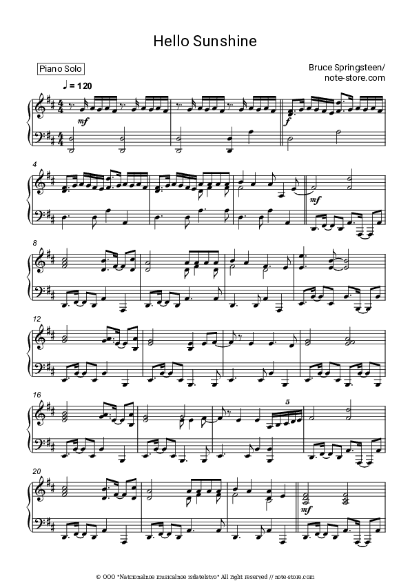 Hello Sunshine - Bruce Springsteen Piano Solo Sheet Music at Note-Store ...