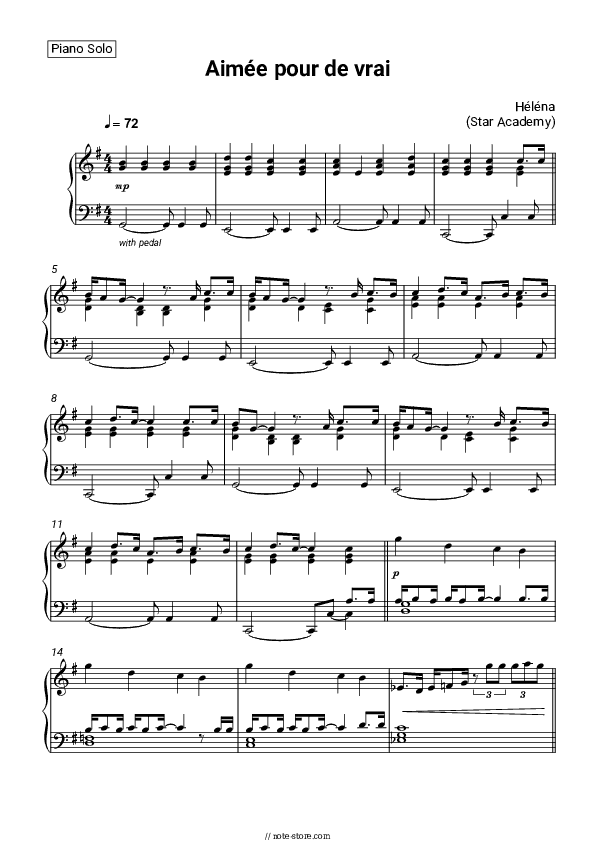 Aimée pour de vrai - Helena, Star Academy Piano Solo Sheet Music at ...