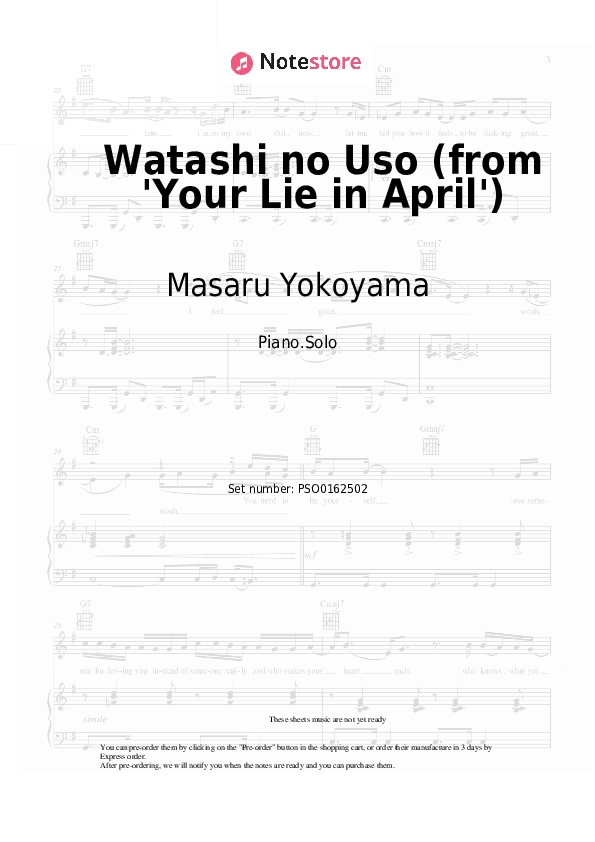 Watashi no Uso (from 'Your Lie in April') - Masaru Yokoyama Piano Solo Sheet Music at Note-Store ...
