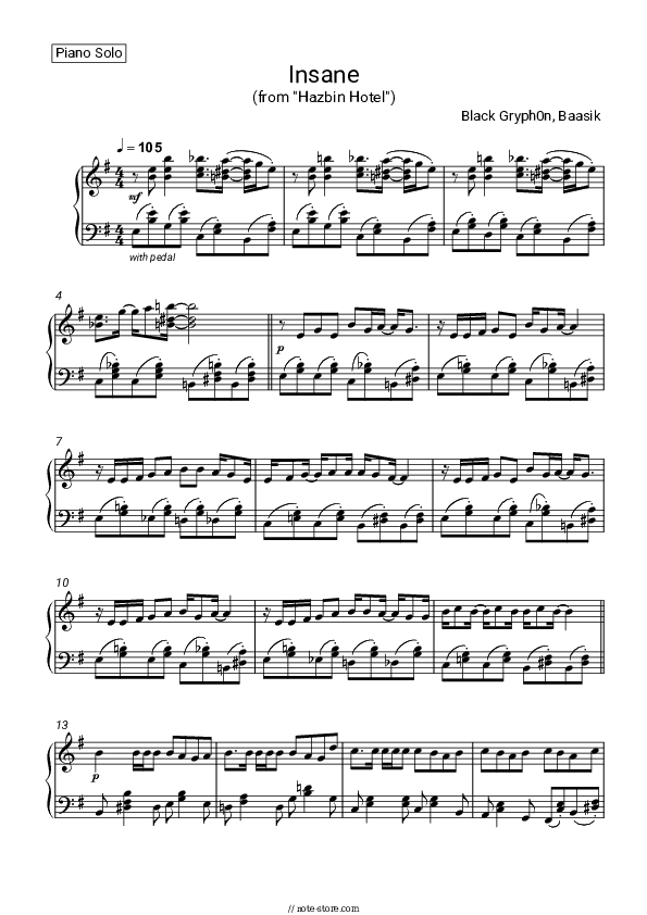 Insane (from 'Hazbin Hotel') - Black Gryph0n & Baasik Piano Solo Sheet ...