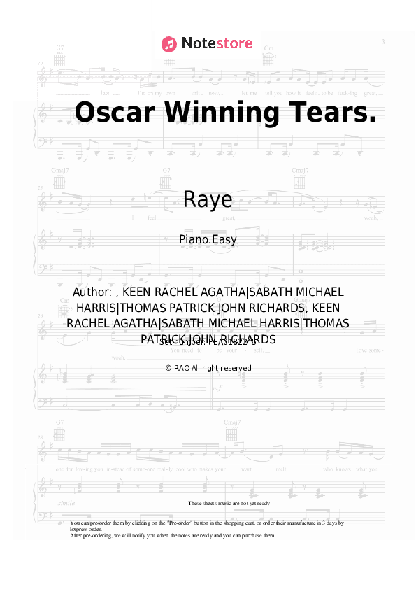 Oscar Winning Tears. – Raye Easy Piano Sheet Music | Note-Store.com ...