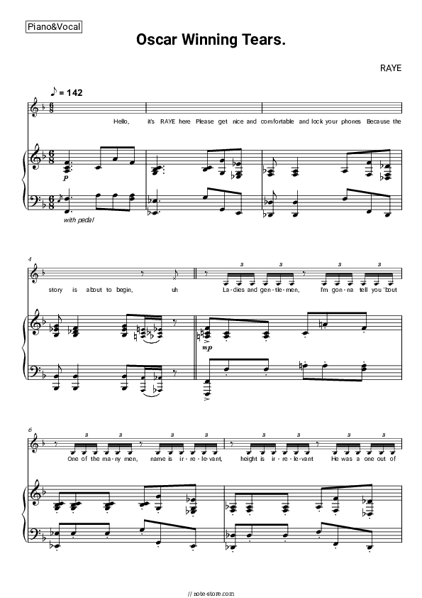 Oscar Winning Tears. – Raye sheet music for piano and vocals (with ...