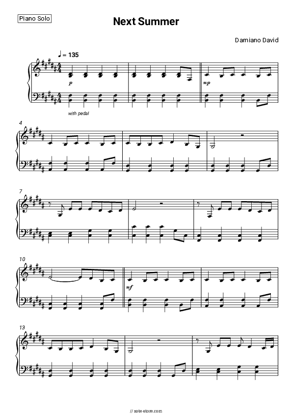 Next Summer - Damiano David Piano Solo Sheet Music at Note-Store.com ...