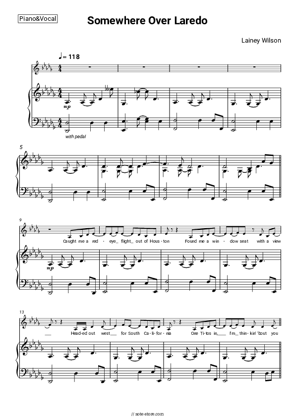 Somewhere Over Laredo – Lainey Wilson sheet music for piano and vocals (with lyrics) at Note ...