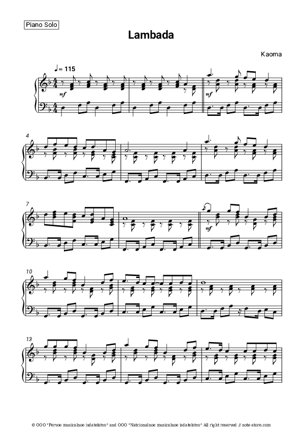 Lambada - Kaoma Piano Solo Sheet Music at Note-Store.com | Piano.Solo ...