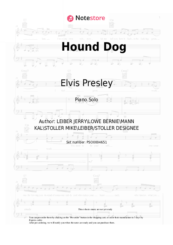 Hound Dog - Elvis Presley Piano Solo Sheet Music at Note-Store.com ...