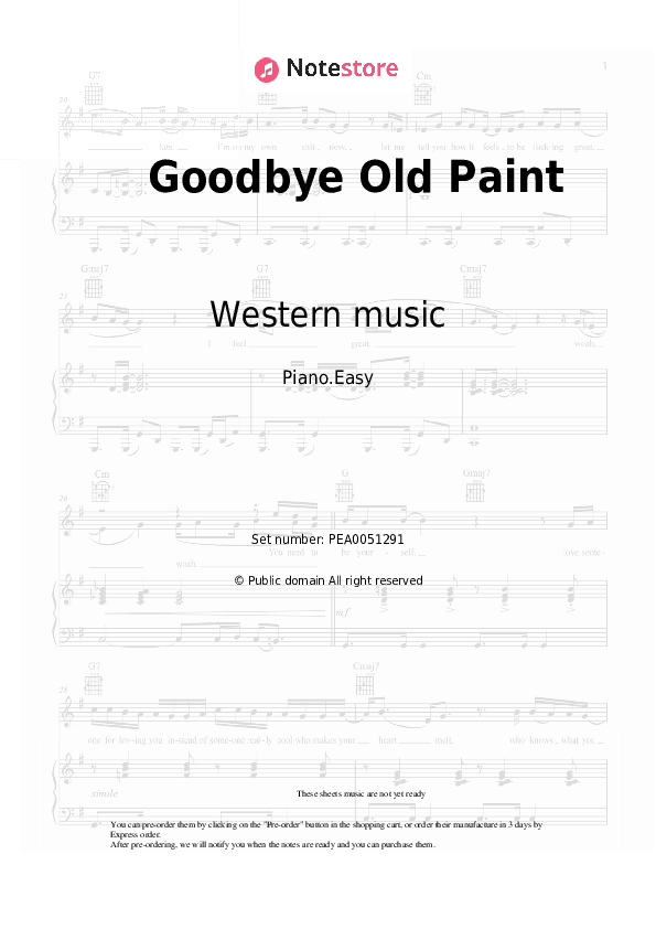 Goodbye Old Paint piano sheet music easy Western music in Note-Store ...