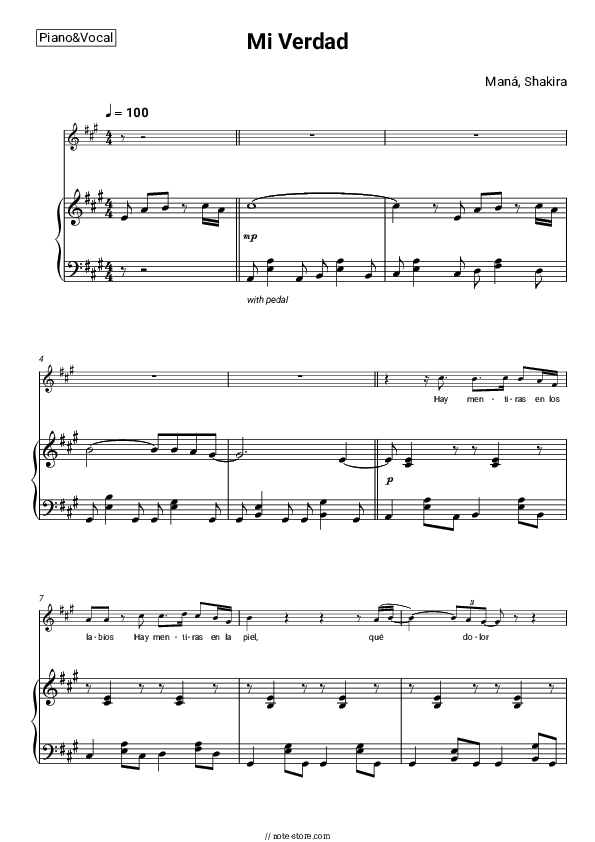 Mi Verdad – Maná, Shakira sheet music for piano and vocals (with lyrics ...