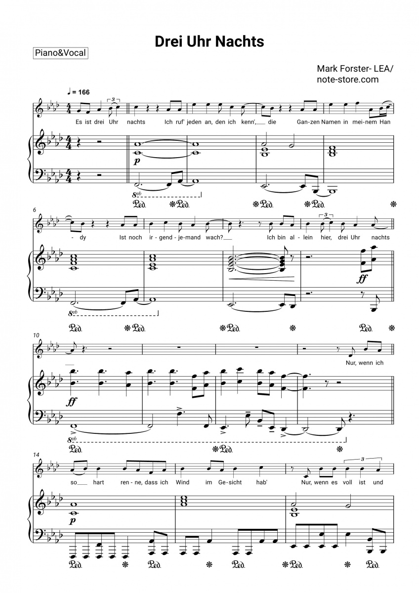 Mark Forster, Lea - Drei Uhr Nachts sheet music for piano with letters ...