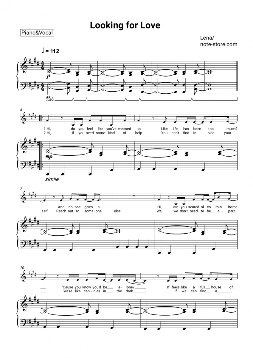 Lena - Looking For Love sheet music for piano with letters download ...