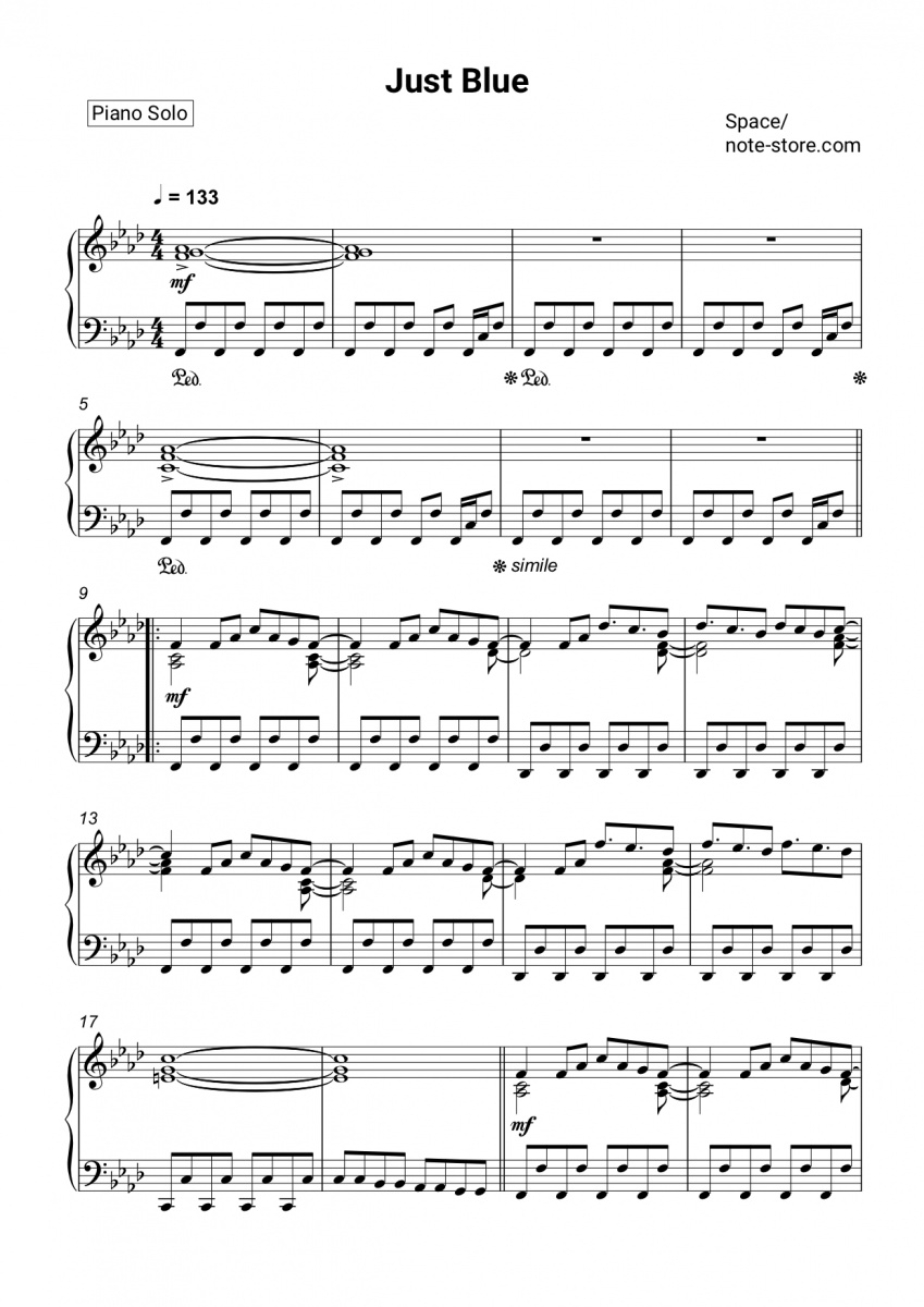 Space - Just Blue sheet music for piano download | Piano.Solo SKU ...