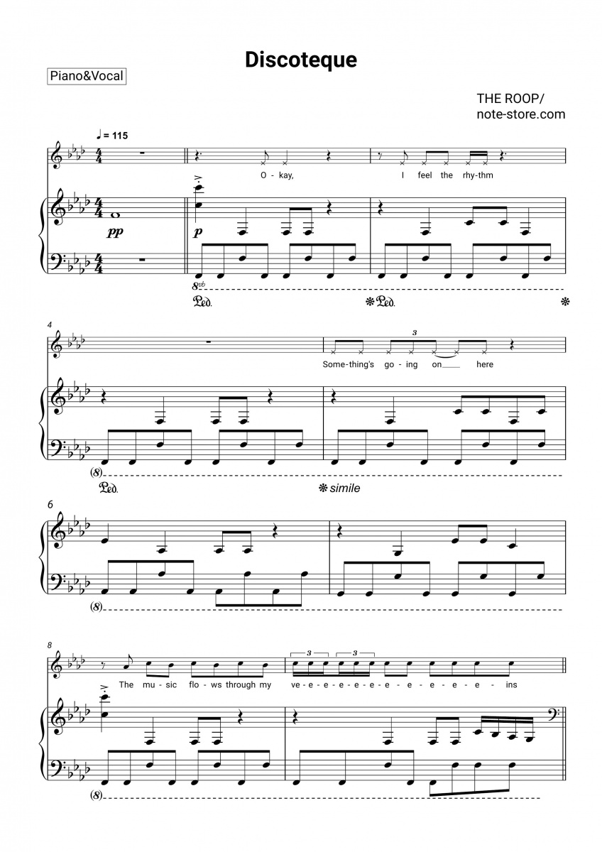 THE ROOP - Discoteque sheet music for piano with letters download ...