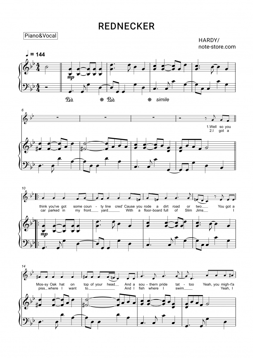 HARDY - REDNECKER sheet music for piano with letters download | Piano ...