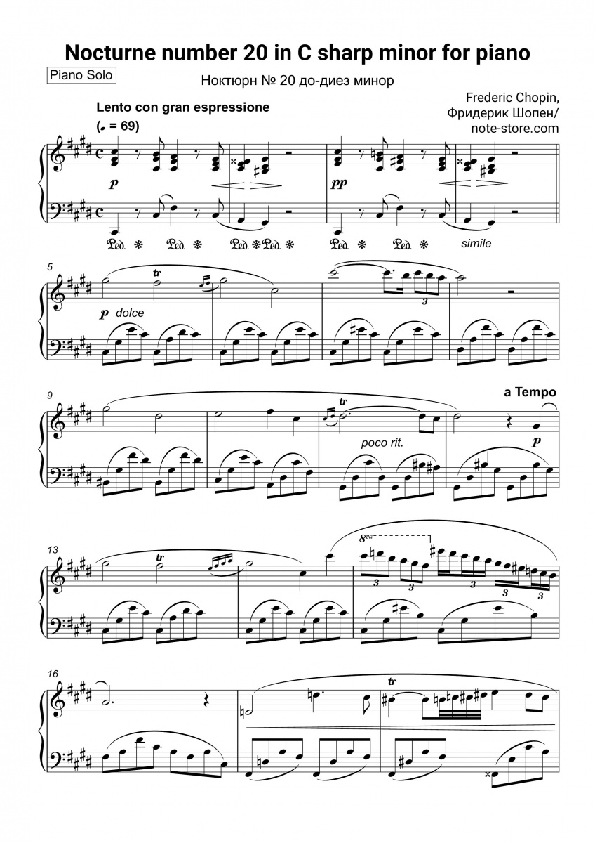 Frederic Chopin - Nocturne number 20 in C sharp minor sheet music for piano download | Piano ...
