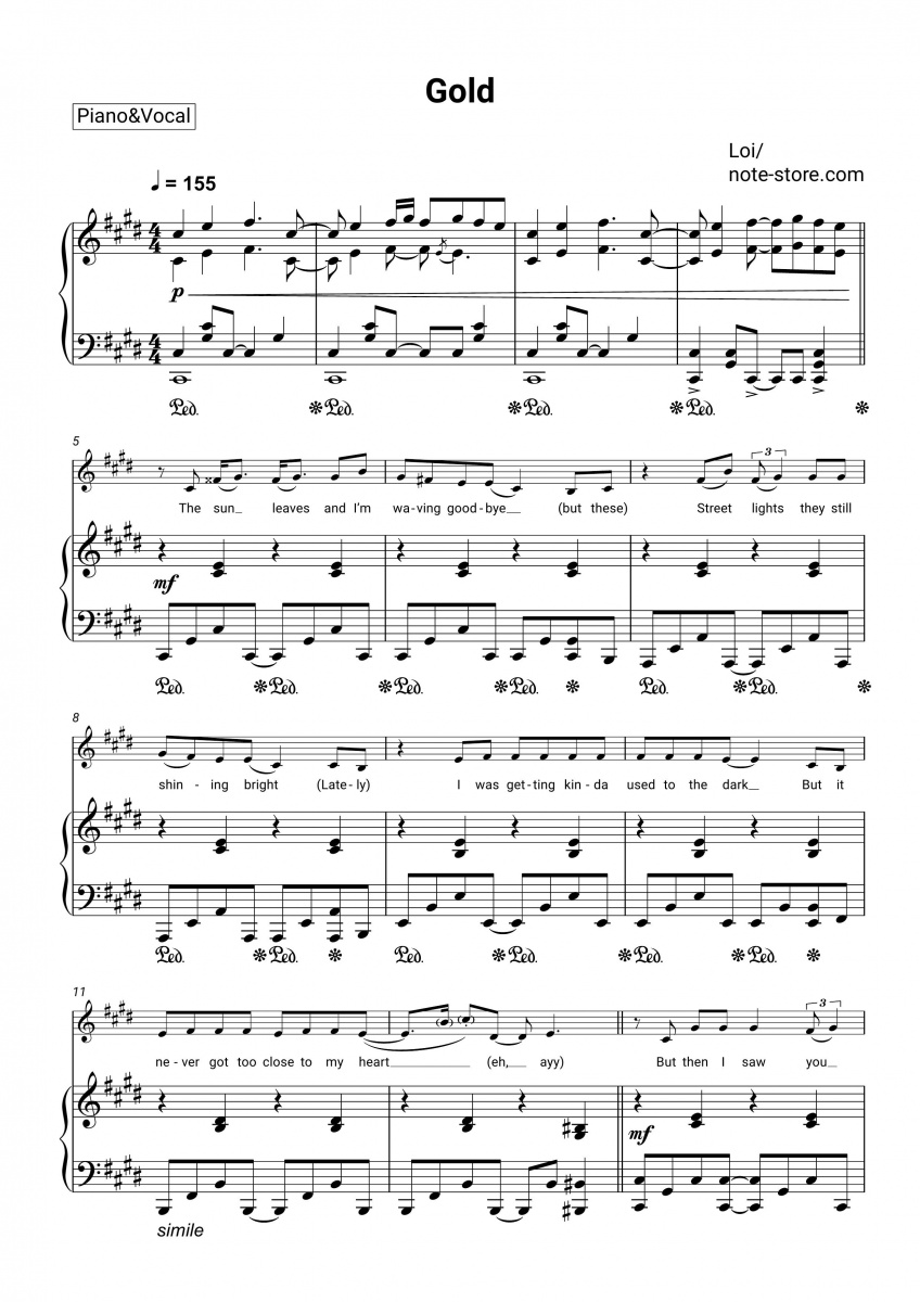 Loi - Gold sheet music for piano with letters download | Piano&Vocal ...