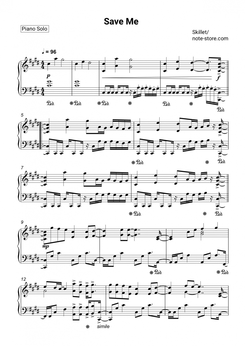 Skillet - Save Me sheet music for piano download | Piano.Solo SKU ...