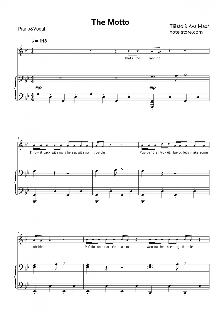 Tiësto, Ava Max - The Motto sheet music for piano with letters download ...