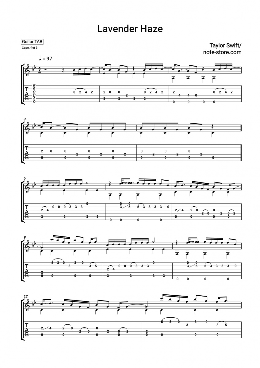 Taylor Swift - Lavender Haze chords, guitar tabs in Note-Store ...