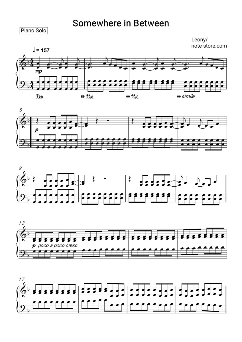Leony - Somewhere in Between sheet music for piano download | Piano.Solo SKU PSO0106160 at