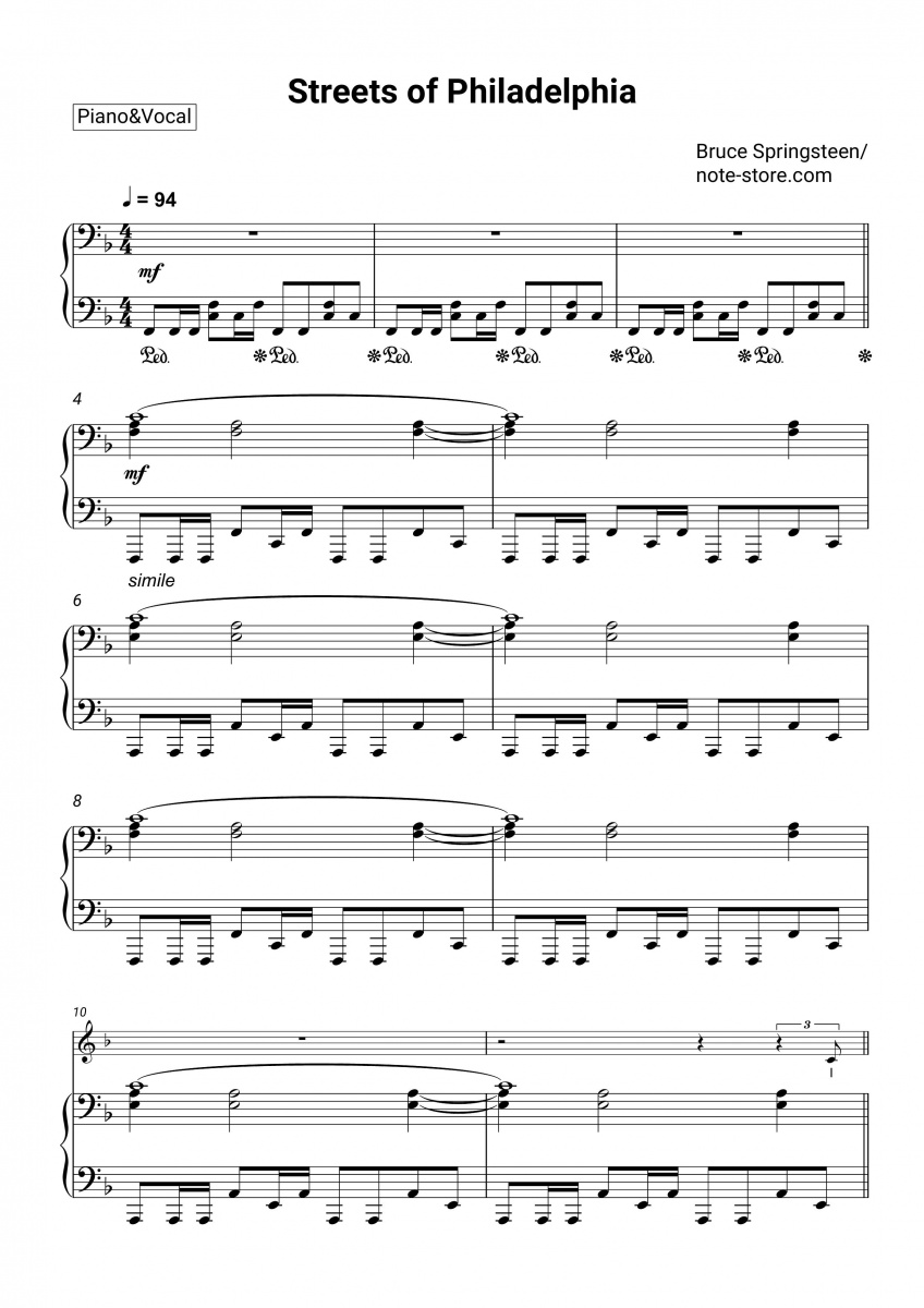 Bruce Springsteen - Streets of Philadelphia sheet music for piano with ...