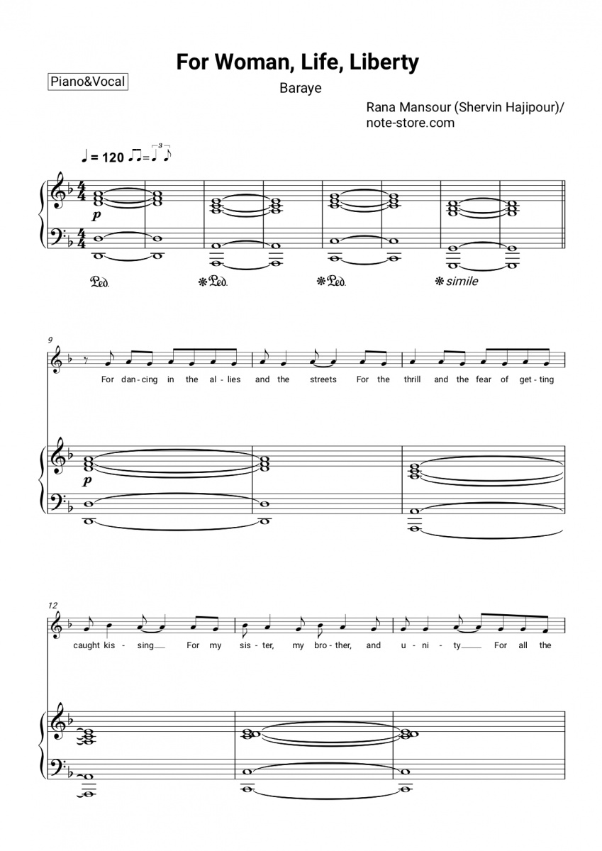 Rana Mansour - For Woman, Life, Liberty (Baraye) sheet music for piano ...