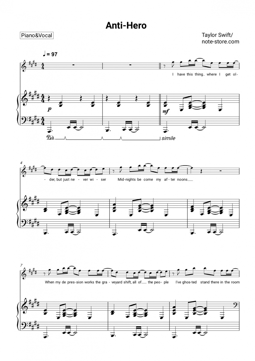 Taylor Swift - Anti-Hero sheet music for piano with letters download ...