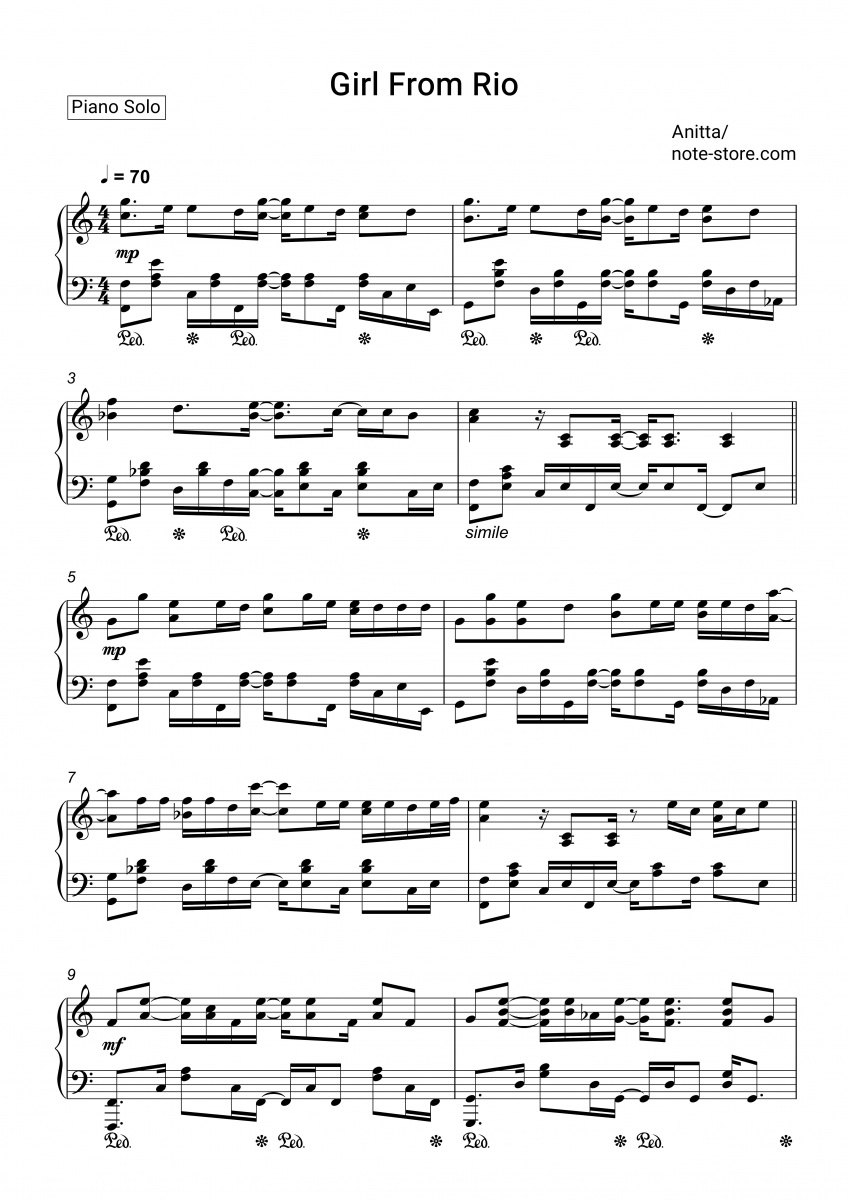 Anitta - Girl From Rio sheet music for piano download | Piano.Solo SKU PSO0045934 at
