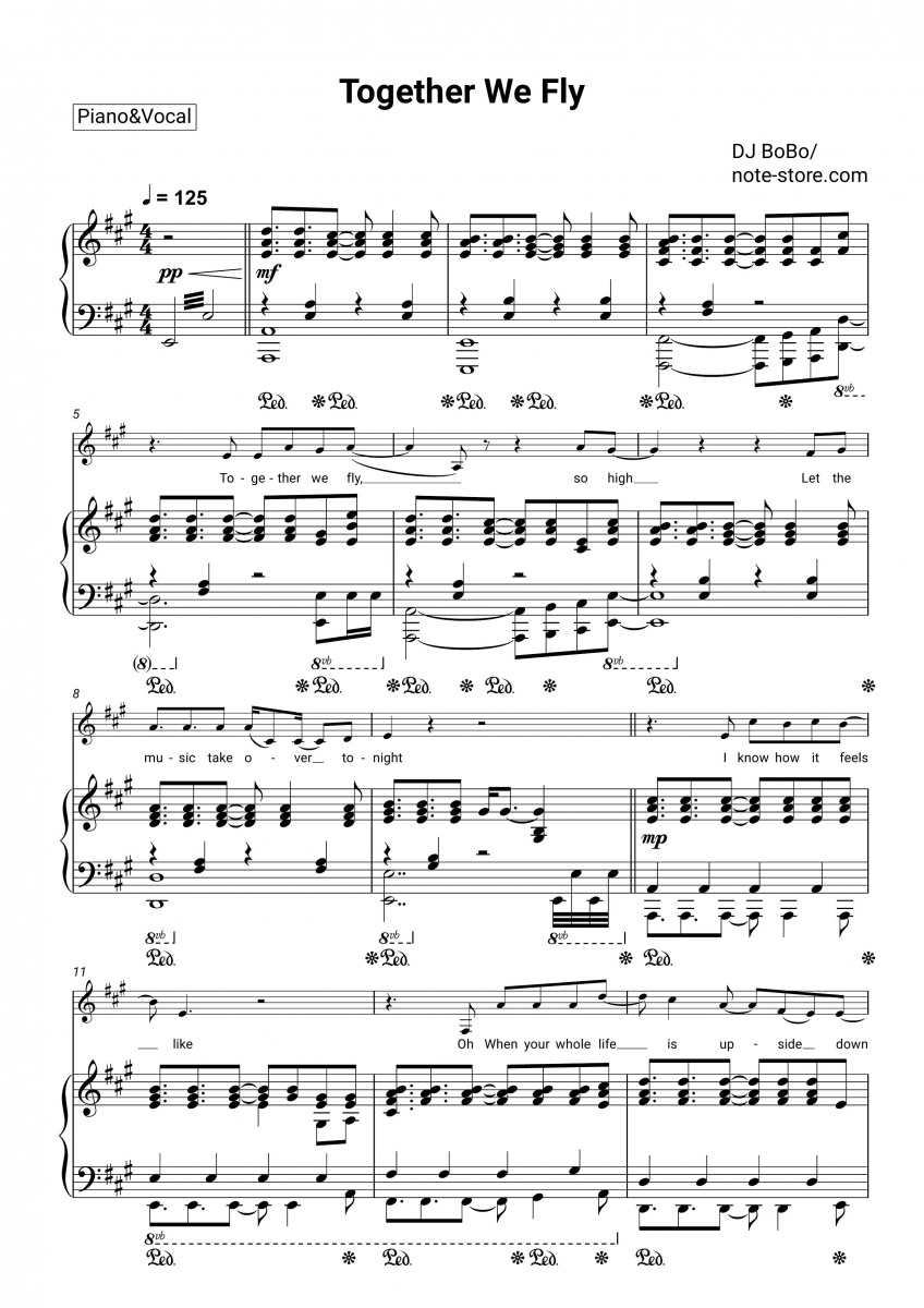 DJ BoBo - Together We Fly sheet music for piano with letters download ...