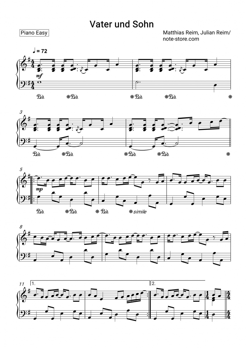 Matthias Reim, Julian Reim - Vater und Sohn sheet music for piano download | Piano.Easy SKU ...