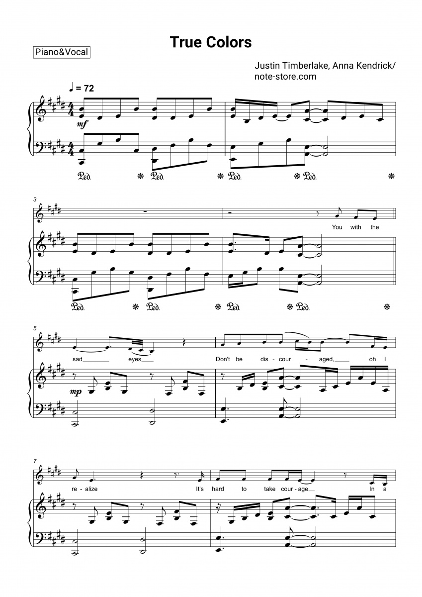 Justin Timberlake, Anna Kendrick - True Colors sheet music for piano with letters download ...