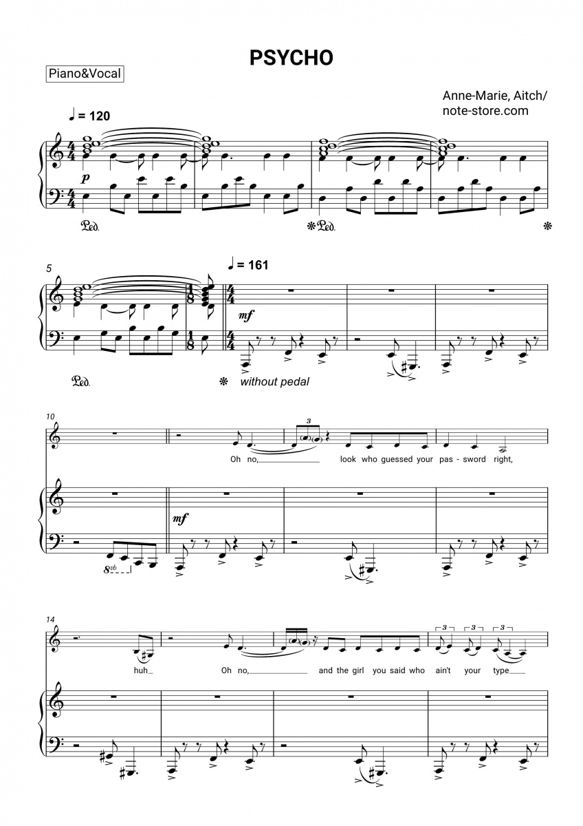 Anne-Marie, Aitch - PSYCHO sheet music for piano with letters download ...