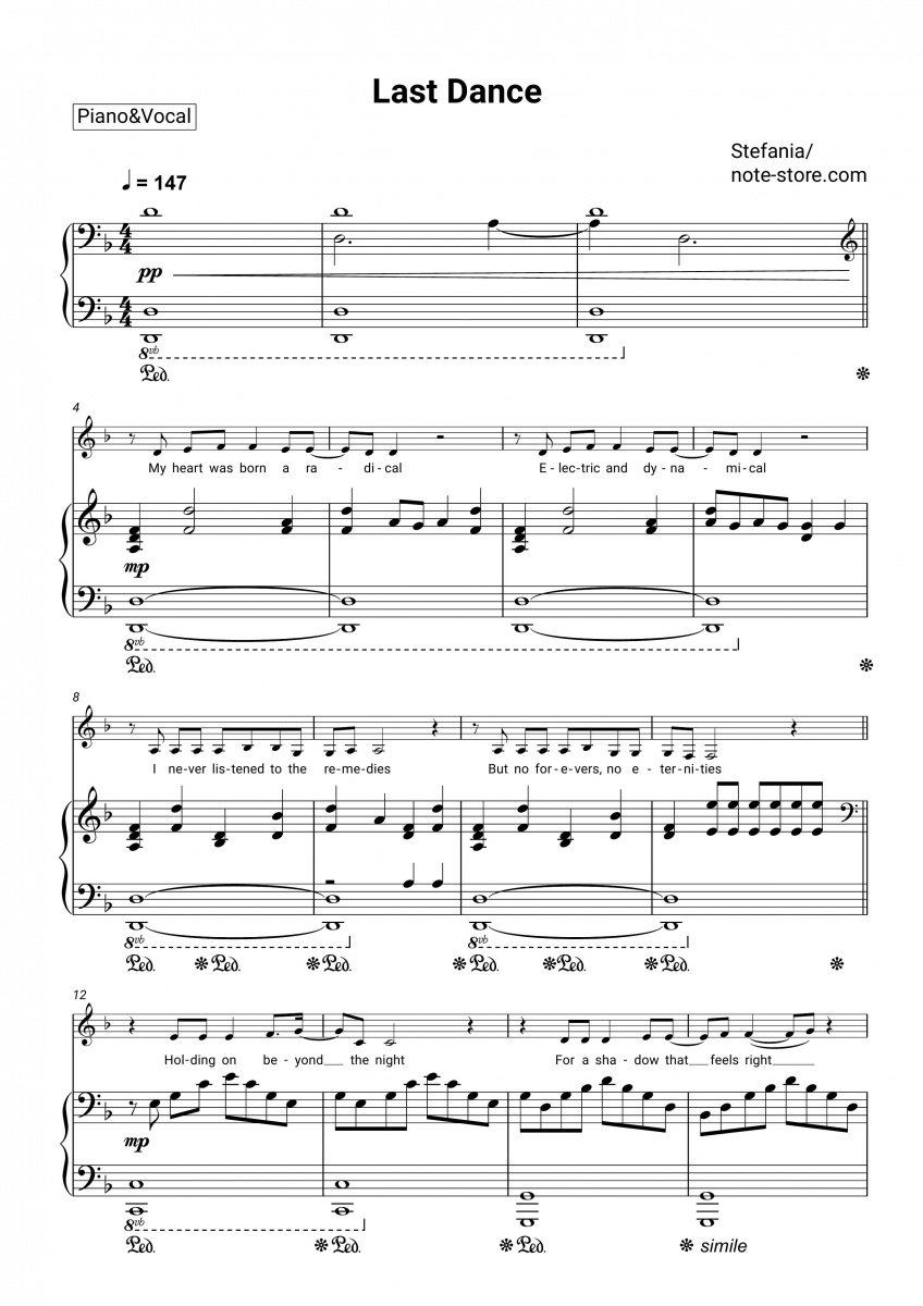 Stefania - Last Dance sheet music for piano with letters download ...