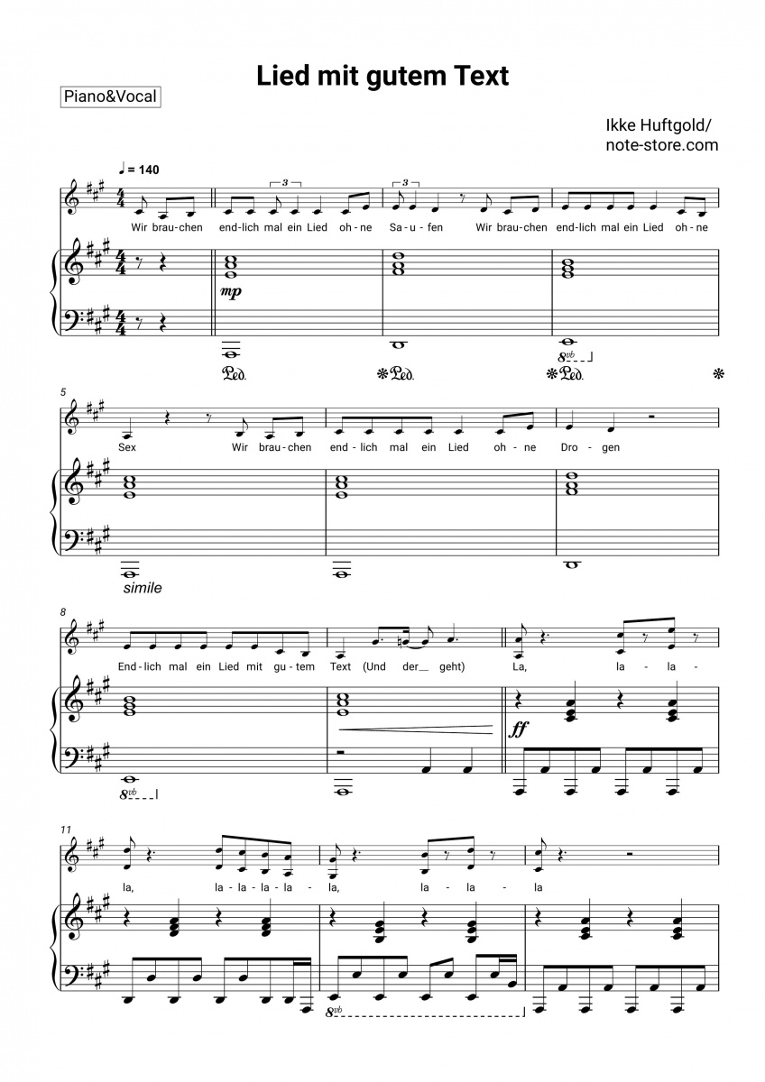 Ikke Huftgold - Lied mit gutem Text sheet music for piano with letters ...