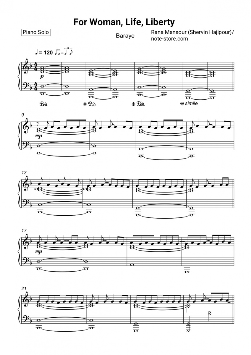 Rana Mansour - For Woman, Life, Liberty (Baraye) sheet music for piano ...