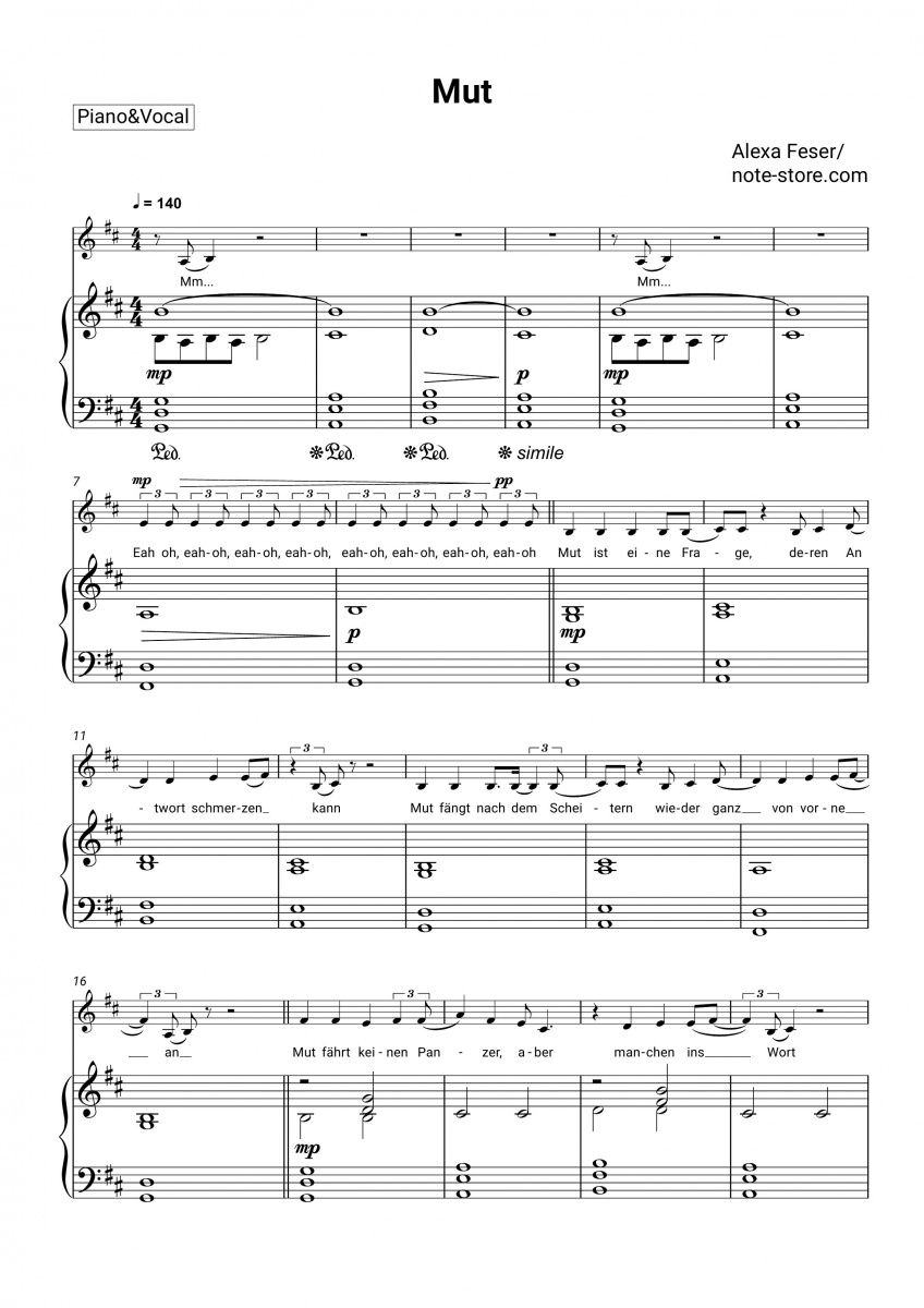 Alexa Feser - Mut sheet music for piano with letters download | Piano ...